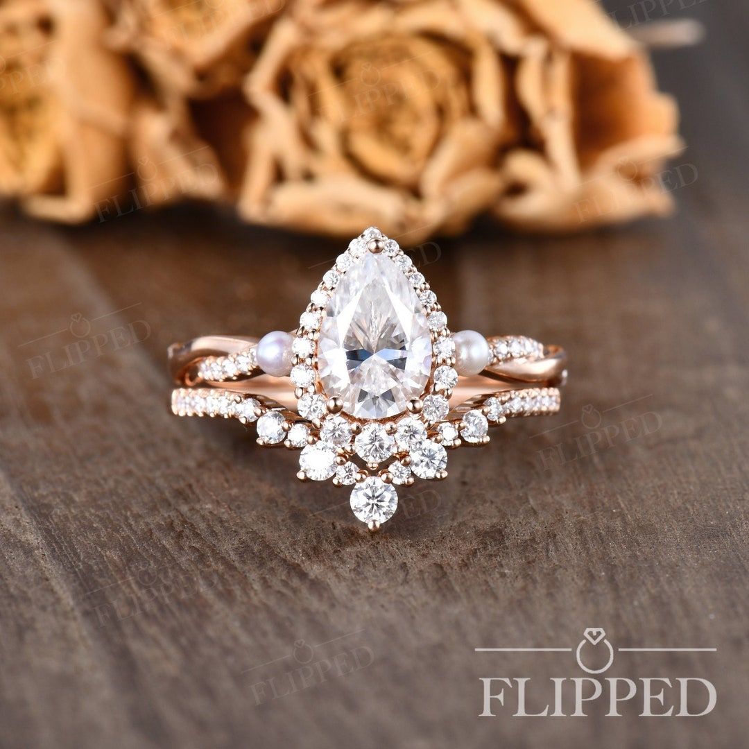 Pear Shaped Moissanite Engagement Ring Set Bridal Ring Set Pearl