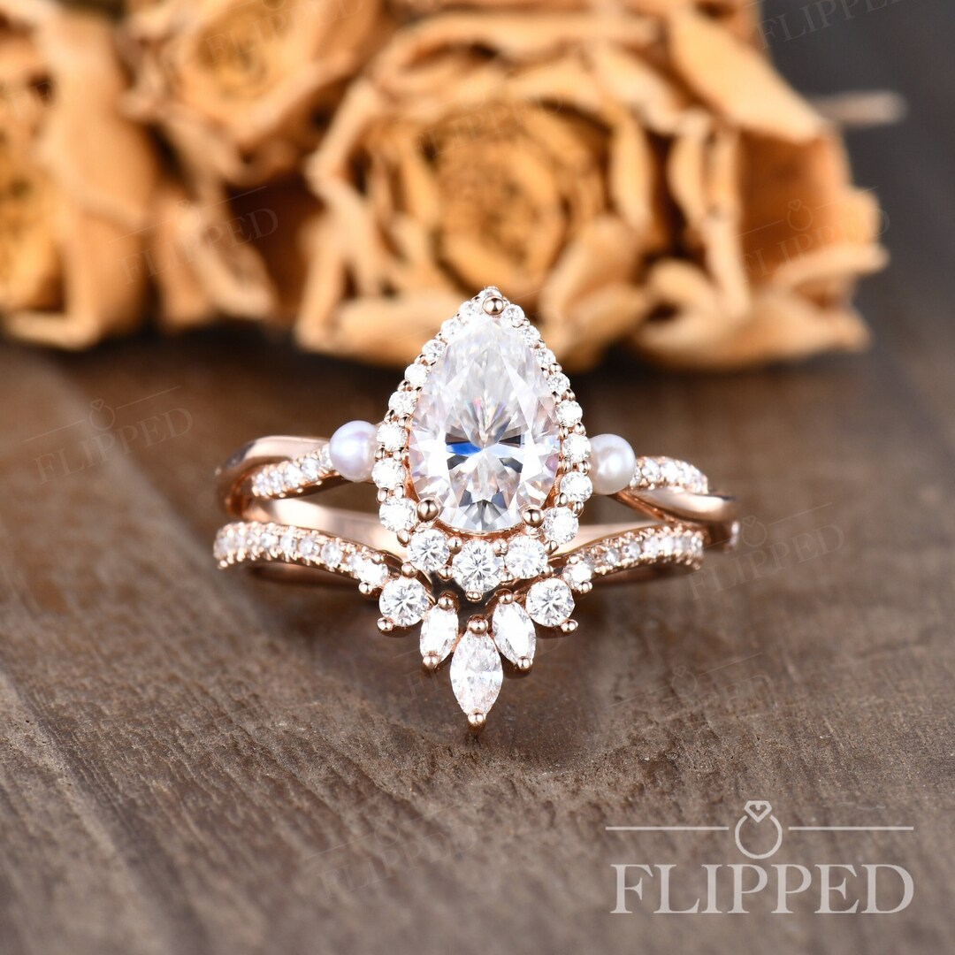 Cluster Moissanite Engagement Ring Set Bridal Ring Set Pear Moissanite ...