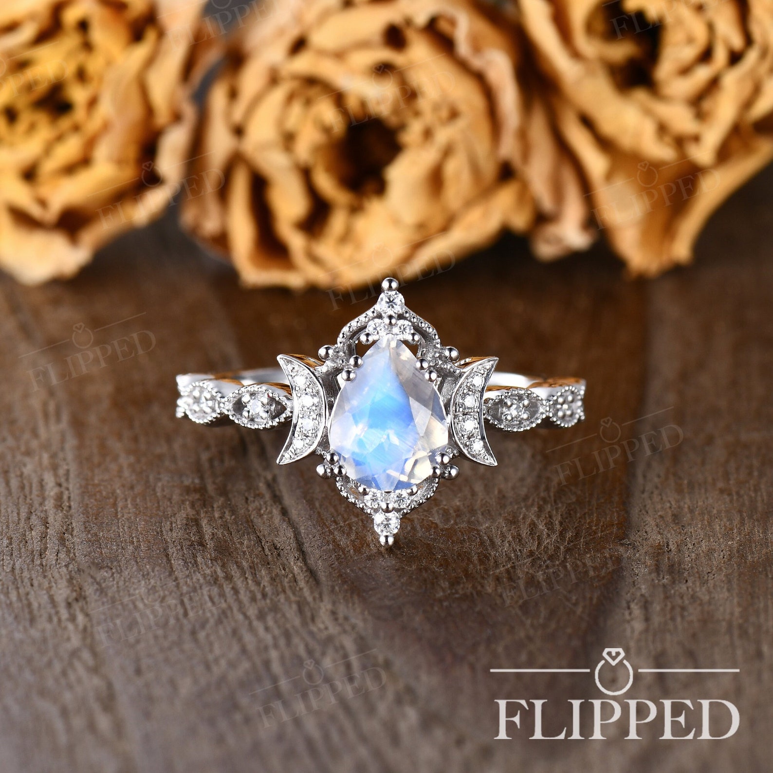 Pear Shaped Moonstone Engagement Ring White Gold Star Moon Ring Art ...