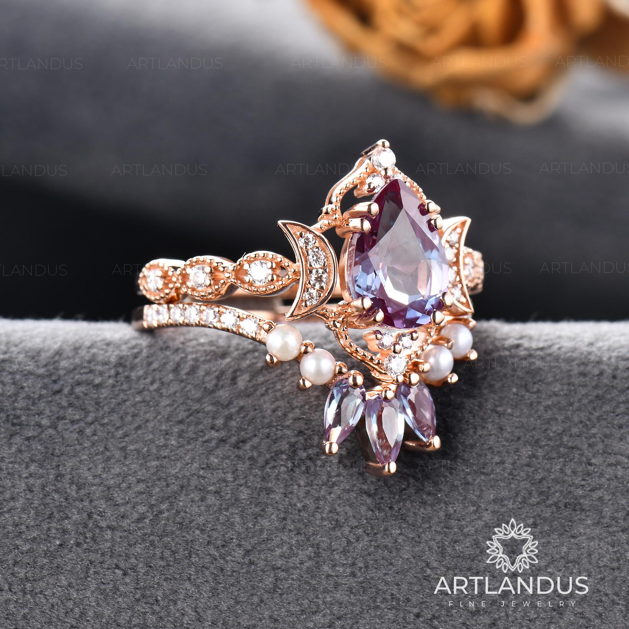 Pearl Alexandrite Engagement Ring Set 2pcs Rose Gold Pear Shaped ...