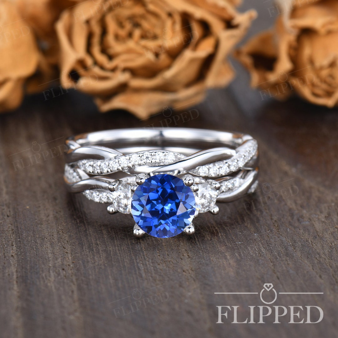 Three Stone Lab Sapphire Engagement Ring Set 7mm Round Blue Sapphire ...
