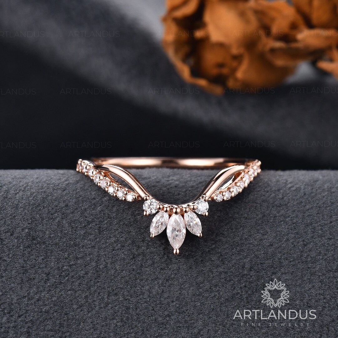Antique Rose Gold Moissanite Curved Wedding Band Art Deco Unique ...
