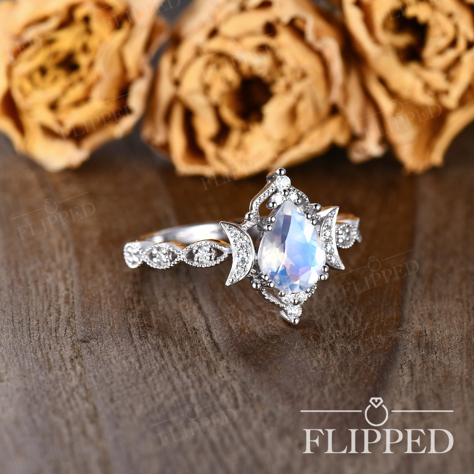 Pear Shaped Moonstone Engagement Ring White Gold Star Moon - Etsy