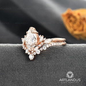 Pear Shaped Moissanite Engagement Ring Unique Marquise Cut Moissanite Bridal Set Rose Gold ...