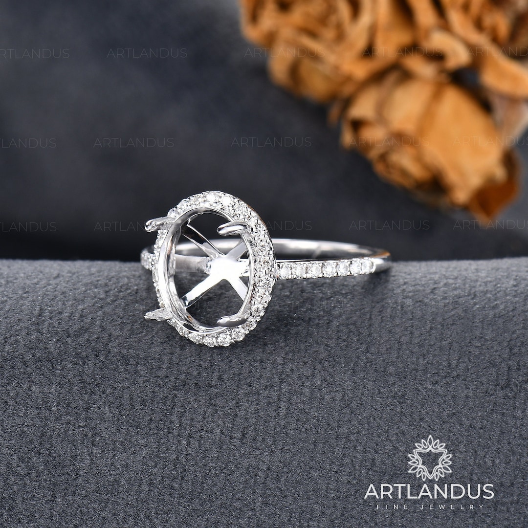 White Gold Oval Cut Ring Setting Semi Mount Engagement Ring Unique ...
