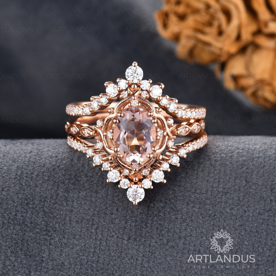 Rose Gold Morganite Bridal Set Art Deco Natural Morganite Engagement Ring Unique Floral Cluster ...