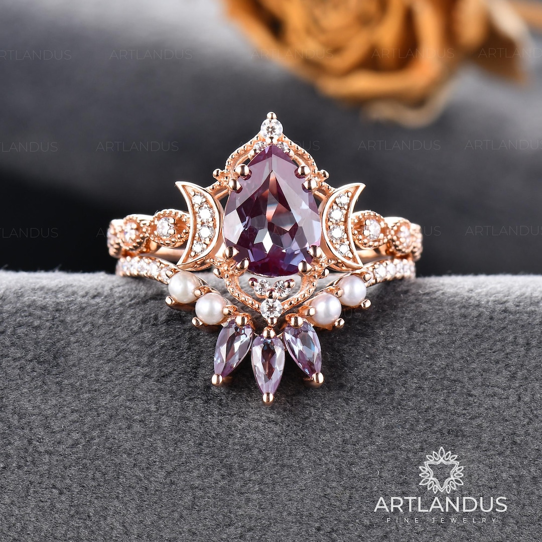 Pearl Alexandrite Engagement Ring Set 2pcs Rose Gold Pear Shaped ...