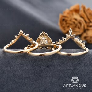 Pear Shaped Moissanite Engagement Ring Set 3pcs Rose Gold Moissanite Bridal Set Art Deco Cluster ...