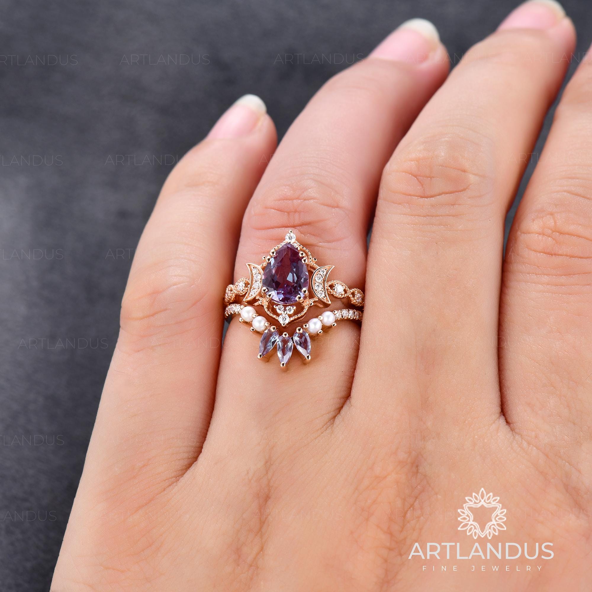 Pearl Alexandrite Engagement Ring Set 2pcs Rose Gold Pear Shaped ...