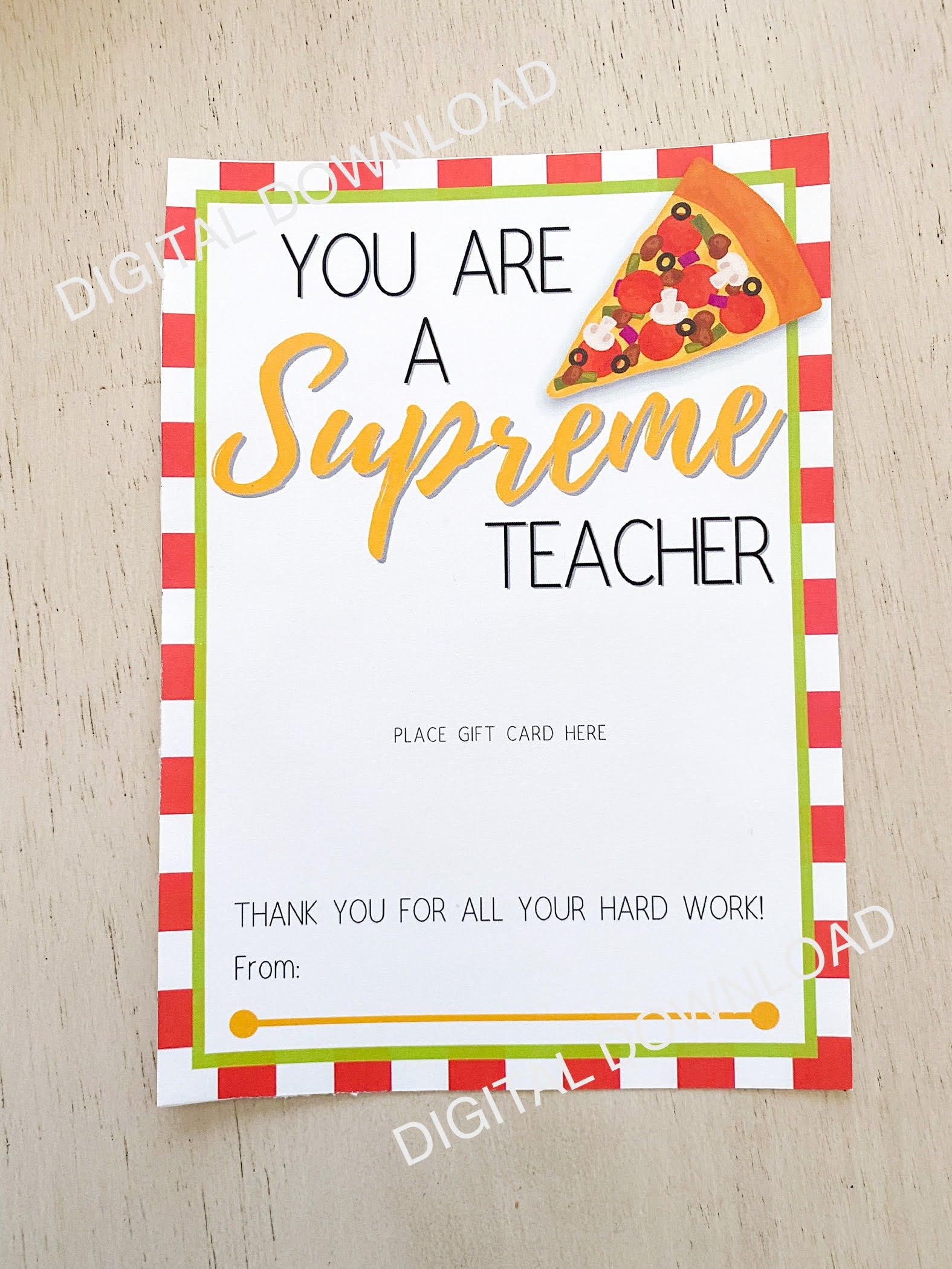 PRINTABLE Teacher Pizza Gift Thank You Appreciation Card | You're A ...