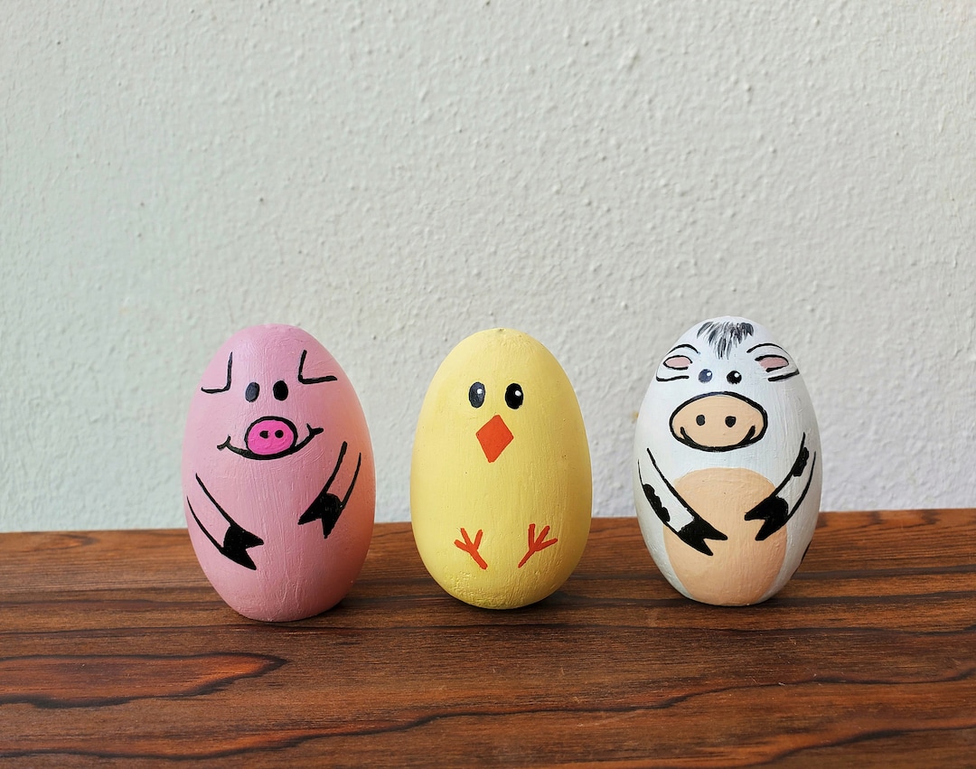 Painted Wood Easter Eggs (set of 3), Barnyard Farm Animal Decor, Cow ...