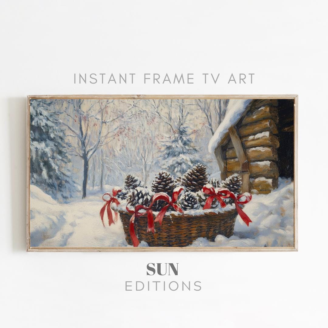 Red Ornament With Pine Sprigs Frame TV Art, Vintage Holiday Decor Art ...