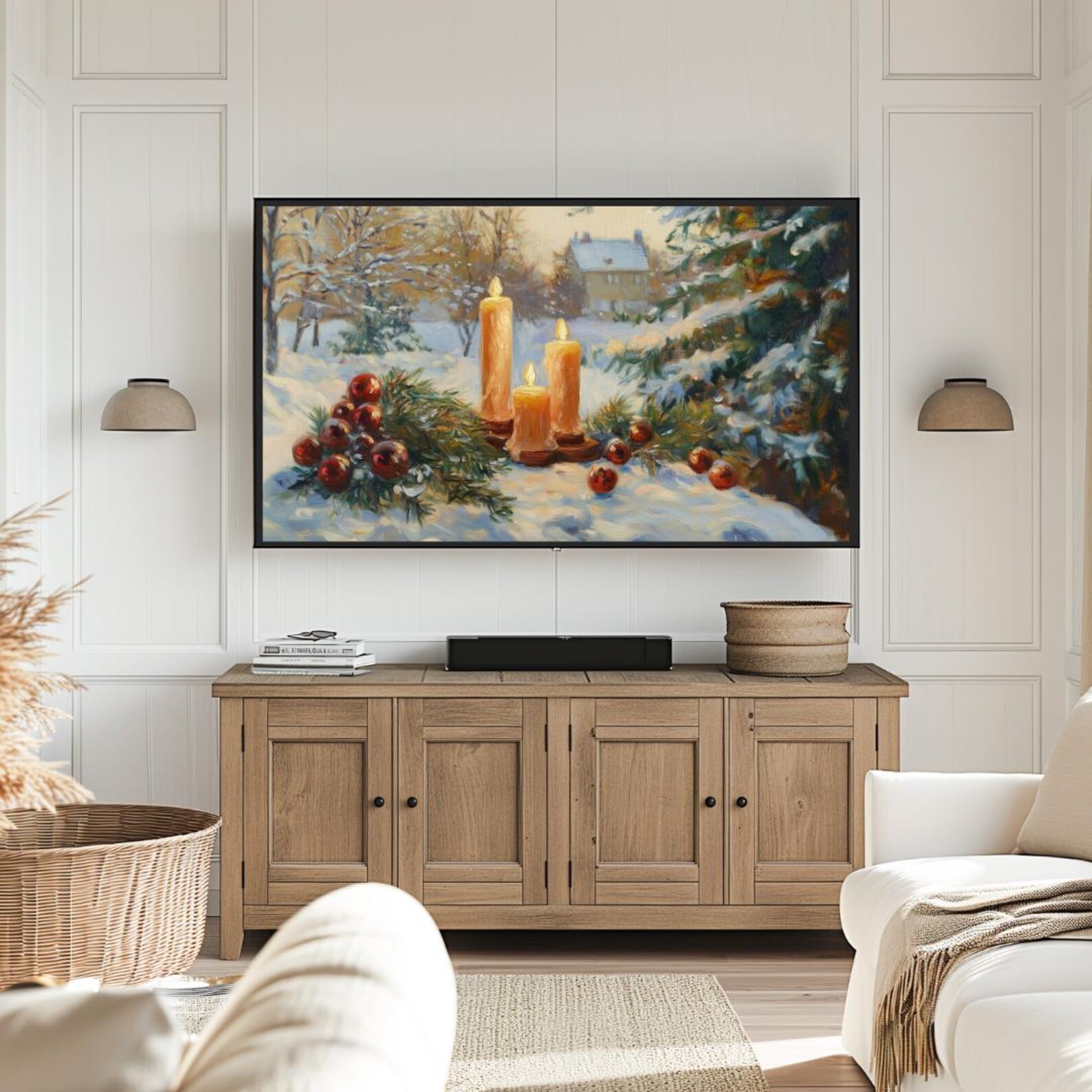 Christmas Samsung Frame TV Art, Candles Holiday, Snowy Tree, Festive ...
