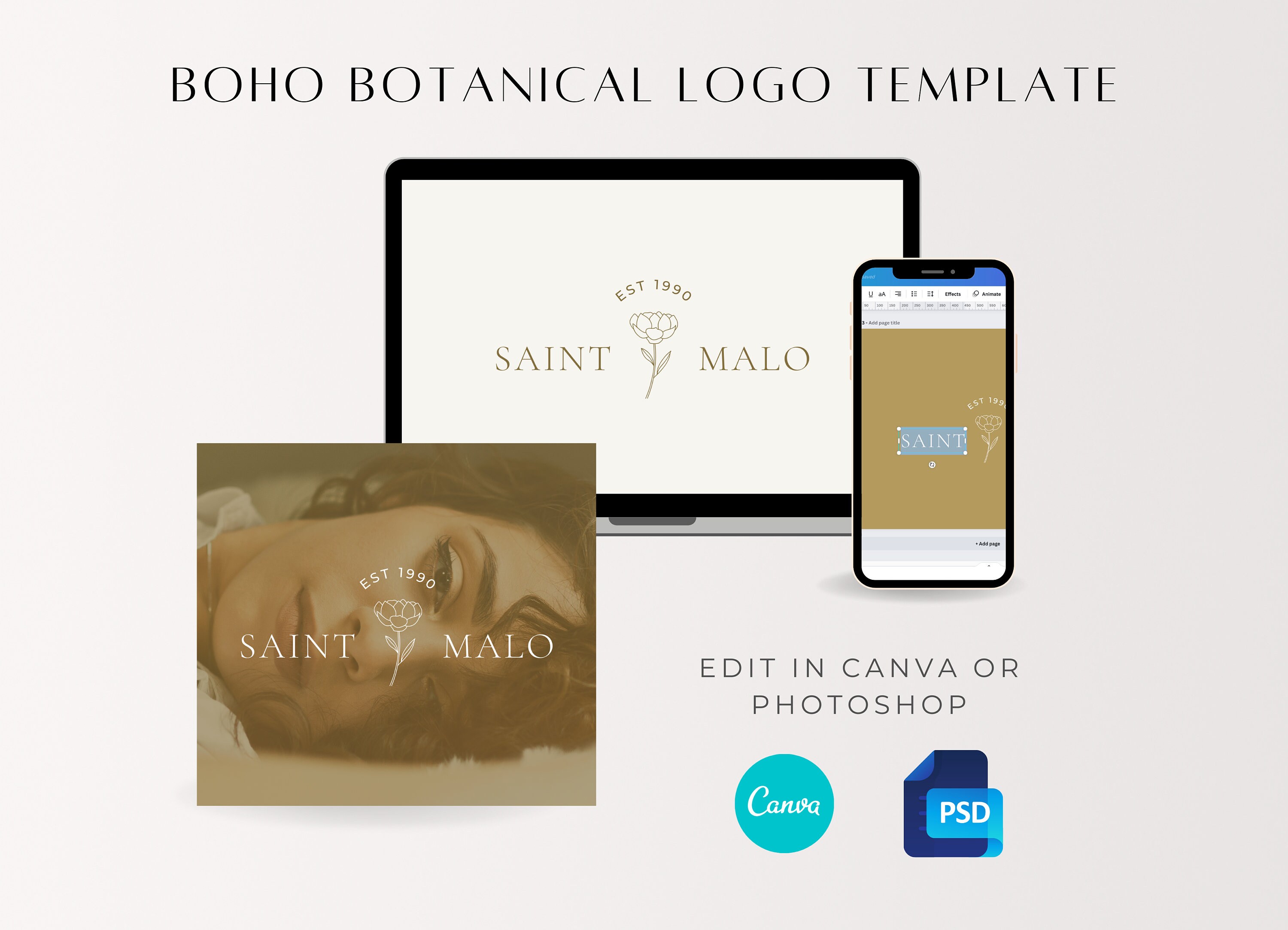 Boho Logo Template, Floral Logo INSTANT DOWNLOAD Canva Logo Template ...