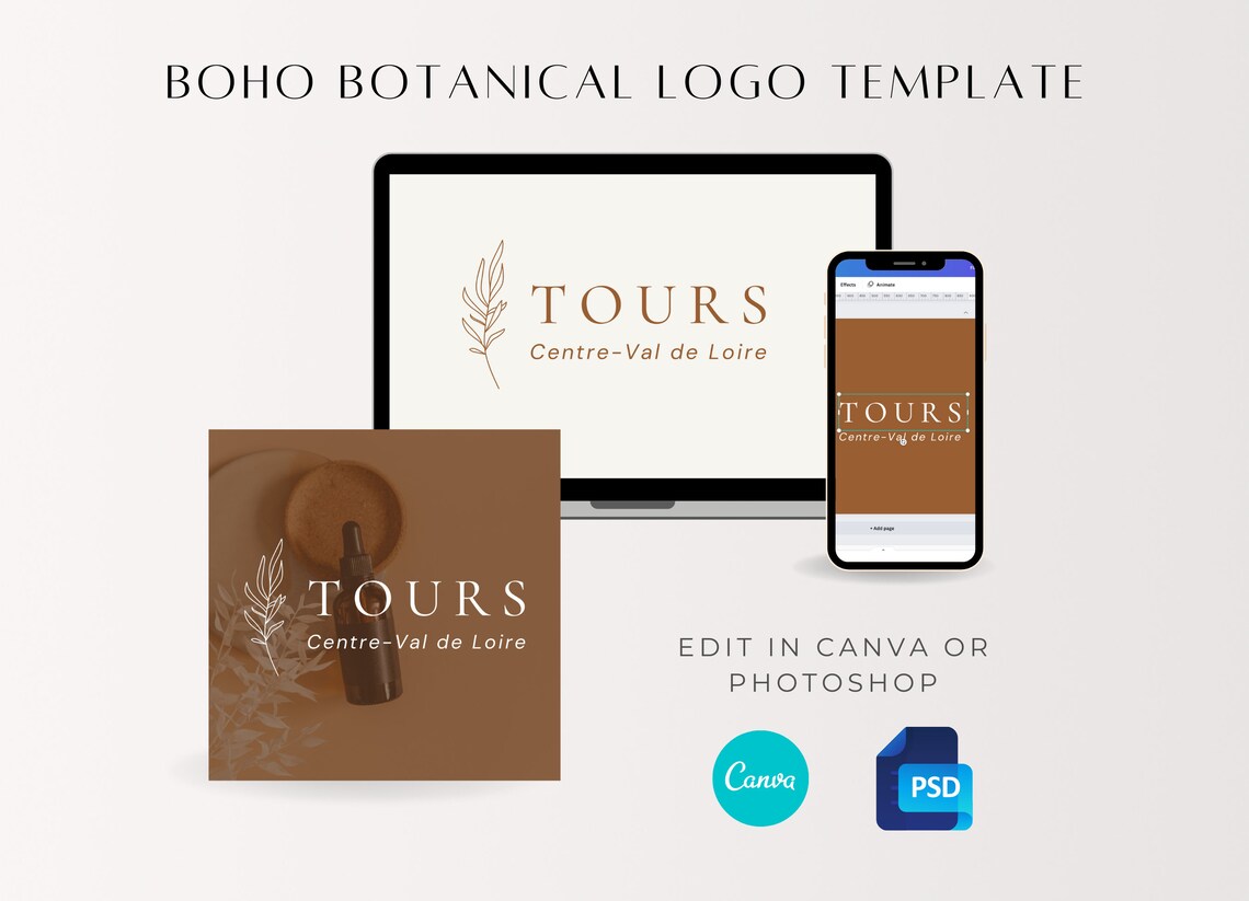 Boho Logo Design, Logo INSTANT DOWNLOAD Canva Logo Template, Botanical ...