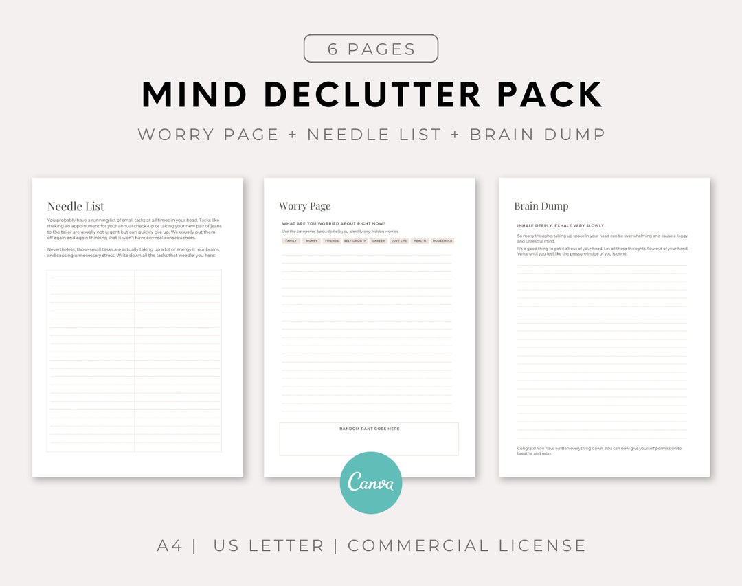 PLR Mind Declutter Template Canva Brain Dump Template Worry - Etsy