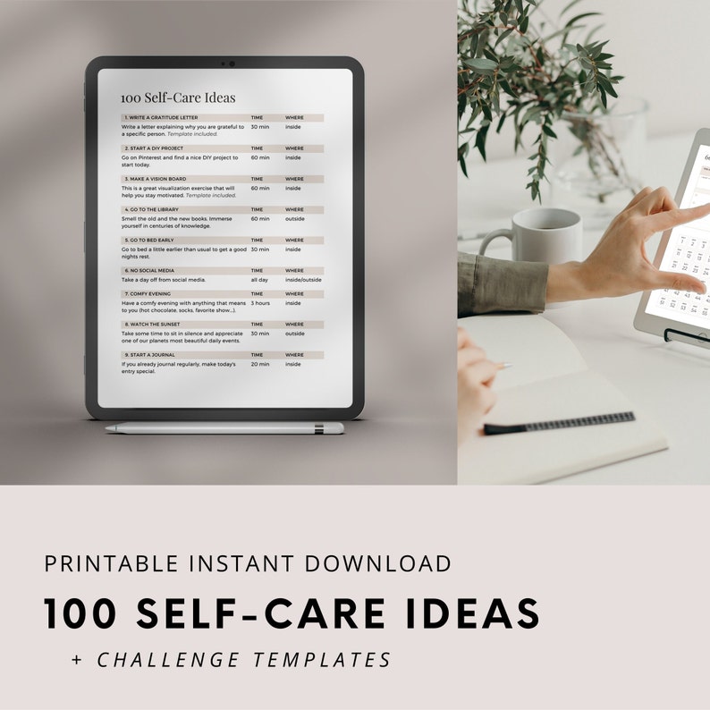 PLR 100 Self Care Ideas Printable, Selfcare Challenge Template, 30 Day ...