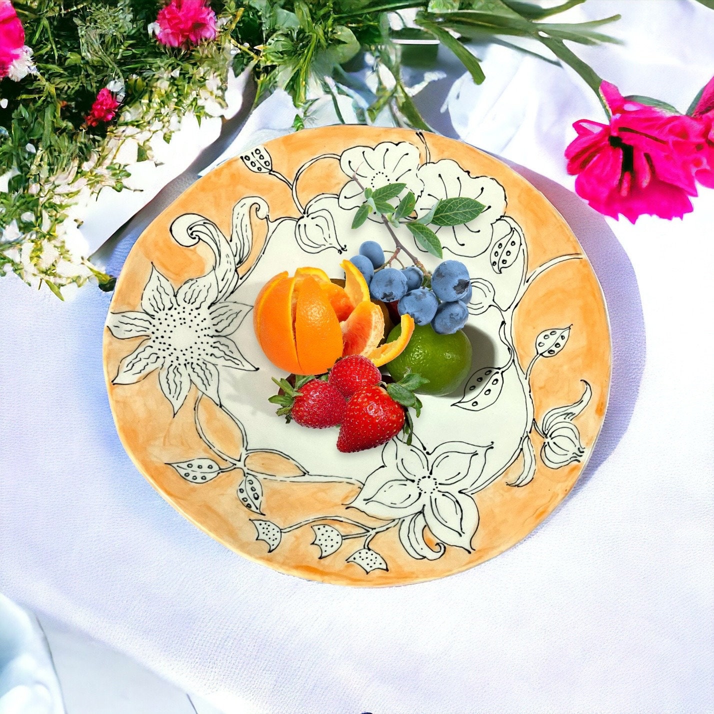 Hand-painted Ceramic Serving Platter. Two Color Choices: Yellow or ...