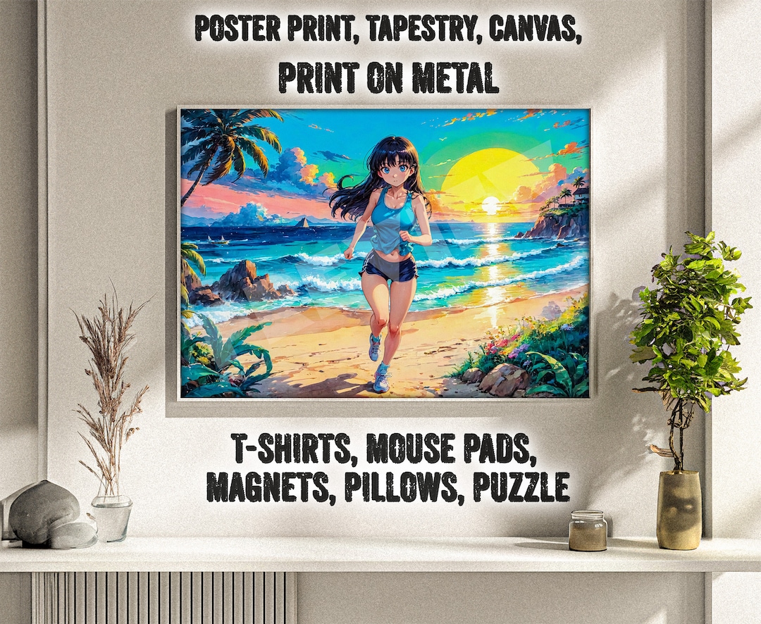 Ocean Sunset Anime Girl Runner Poster - Seashore Sprint - Exquisite ...