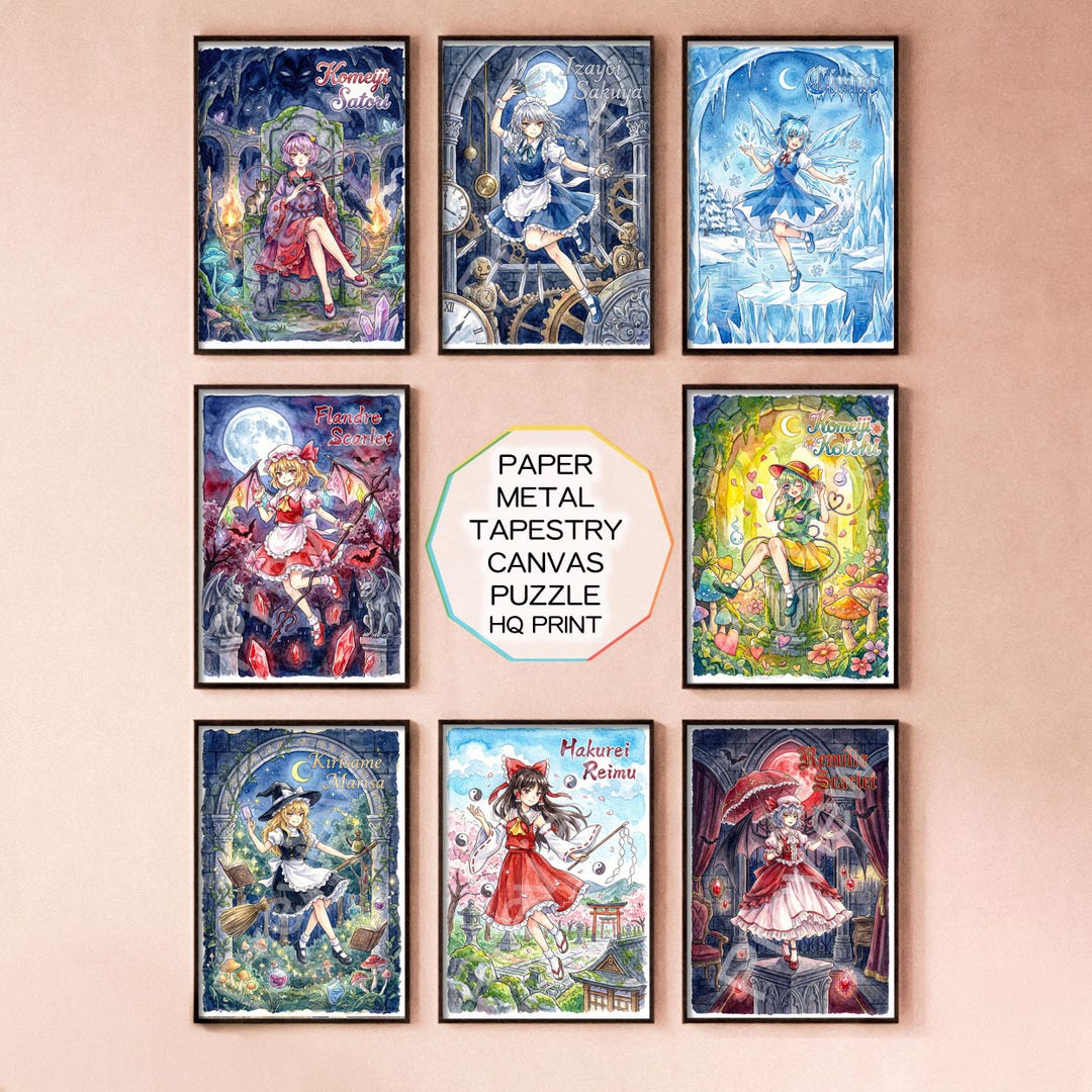 Touhou Poster Set of 8, Retro Wall Art, Colorful, Anime Girl Fan Gift ...