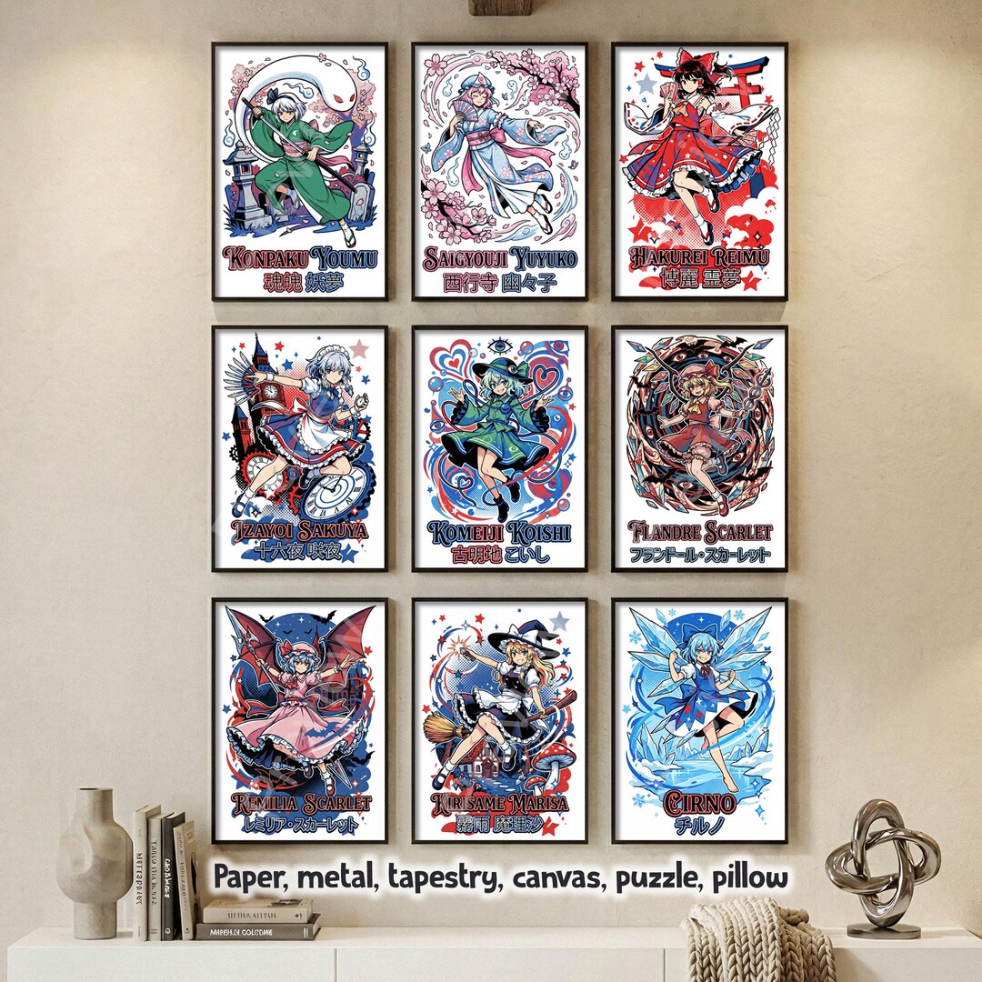 Touhou Poster Set of 9, Retro Wall Art, Colorful, Anime Girl Fan Gift ...