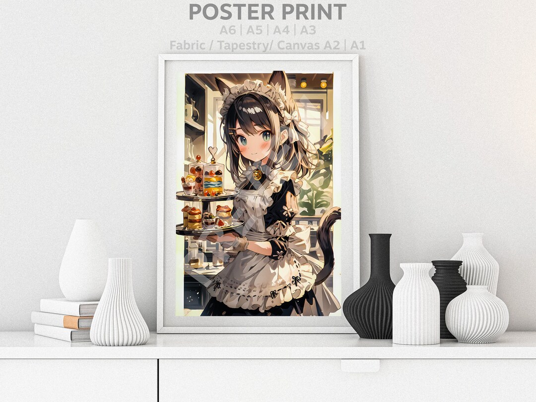 Anime Neko Cat Girl Maid Cute Poster Watercolor, Waifu, Kawaii Otaku ...