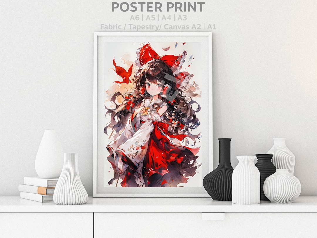 Touhou Poster Hakurei Reimu Watercolor Anime Girl Colorful Waifu Otaku ...