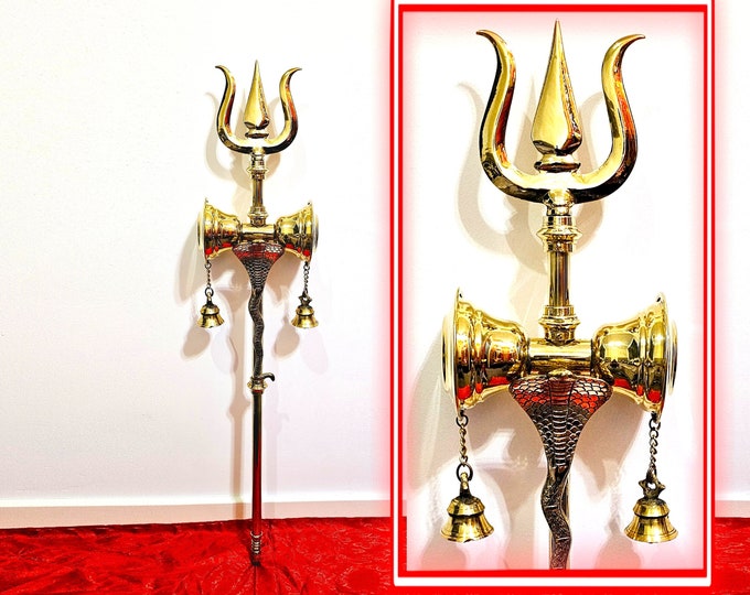 Large Lord Shiva 37 Inches Tall Brass Trishul (trident), With Attached Snake / Naag and Damaru ...