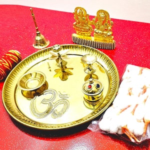 Brass OM Pooja / Puja Aarti Tray Set , With Rare Ganesh Lakshmi Statue ...
