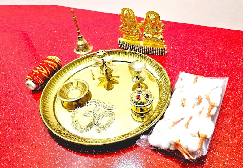 Brass OM Pooja / Puja Aarti Tray Set , With Rare Ganesh Lakshmi Statue ...