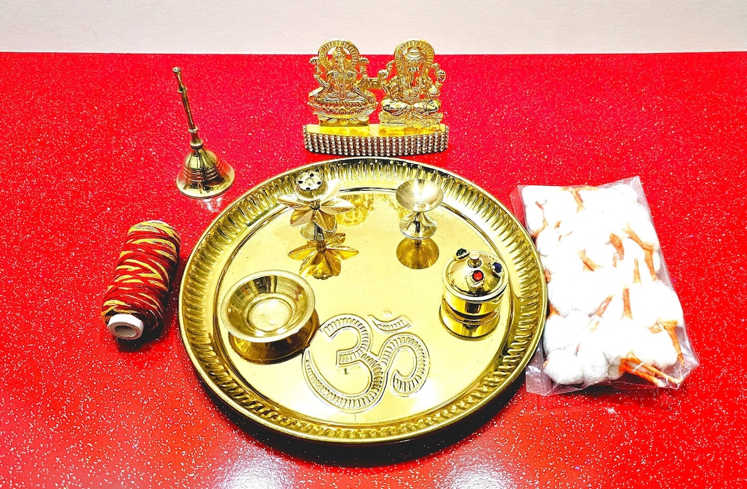 Brass OM Pooja / Puja Aarti Tray Set , With Rare Ganesh Lakshmi Statue ...
