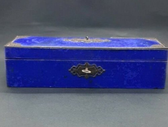 Vintage Blue Jewelry Box, Brass Details. - Gem