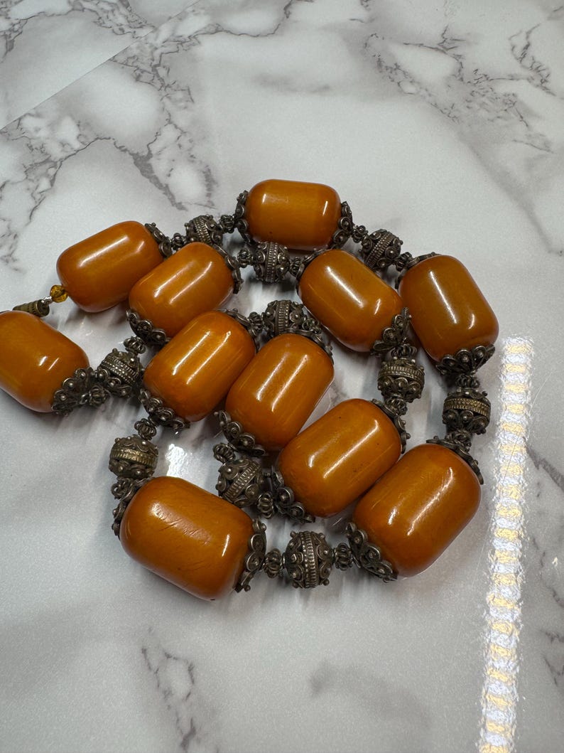 202 Grams Antique Bakelite Necklace Beads Marbled With Sterling Silver ...