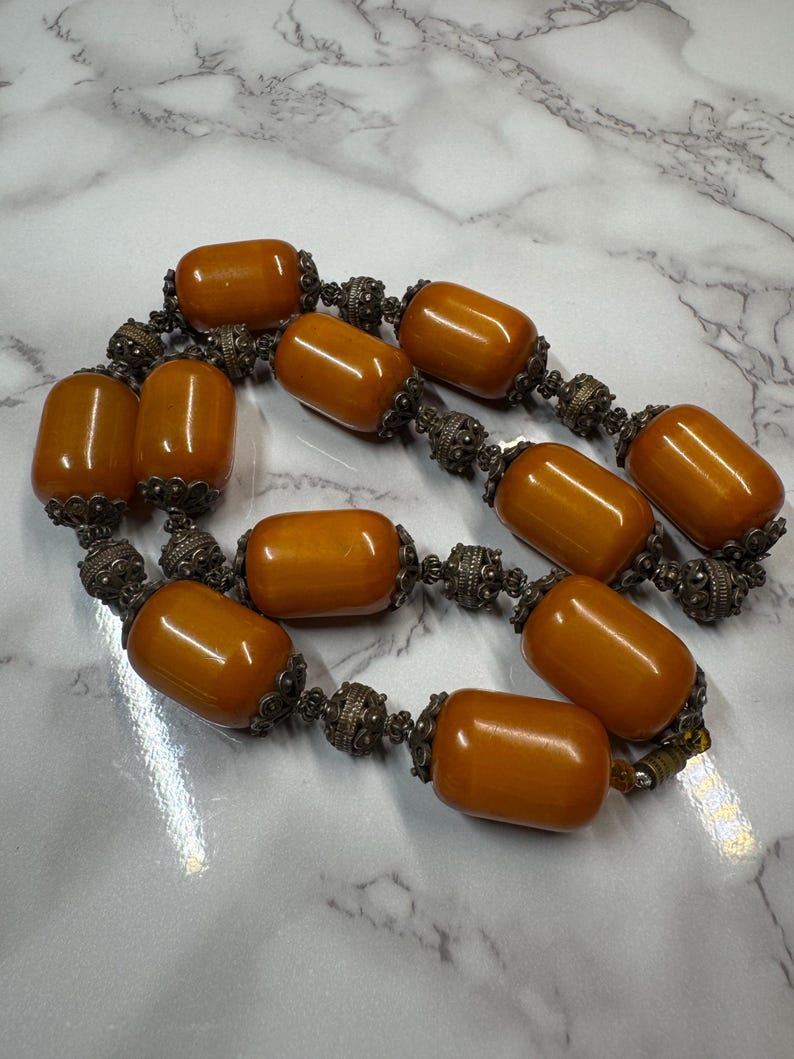 202 Grams Antique Bakelite Necklace Beads Marbled With Sterling Silver ...