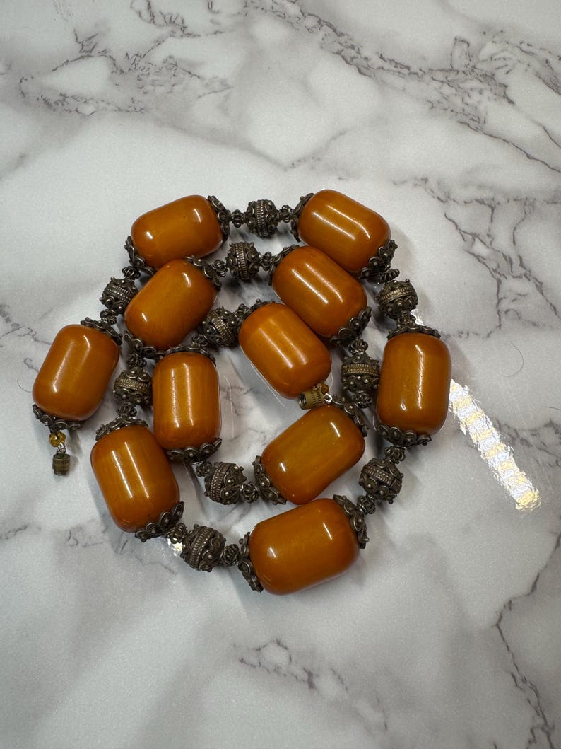 202 Grams Antique Bakelite Necklace Beads Marbled With Sterling Silver ...