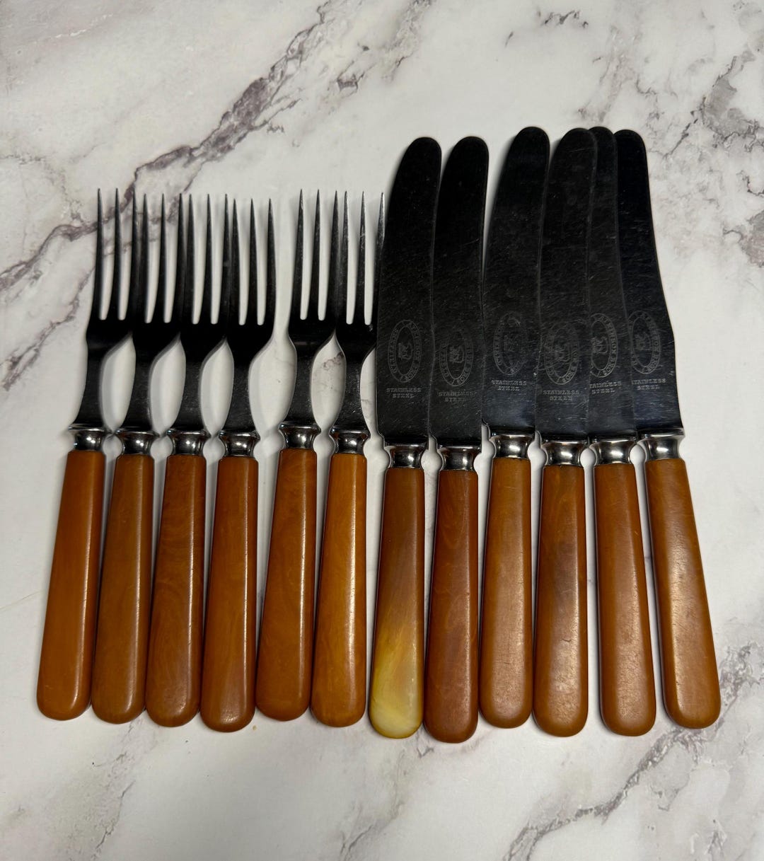 497 Grams Antique Bakelite\catalin Forks and Knifes 12 Pieces Marbled ...