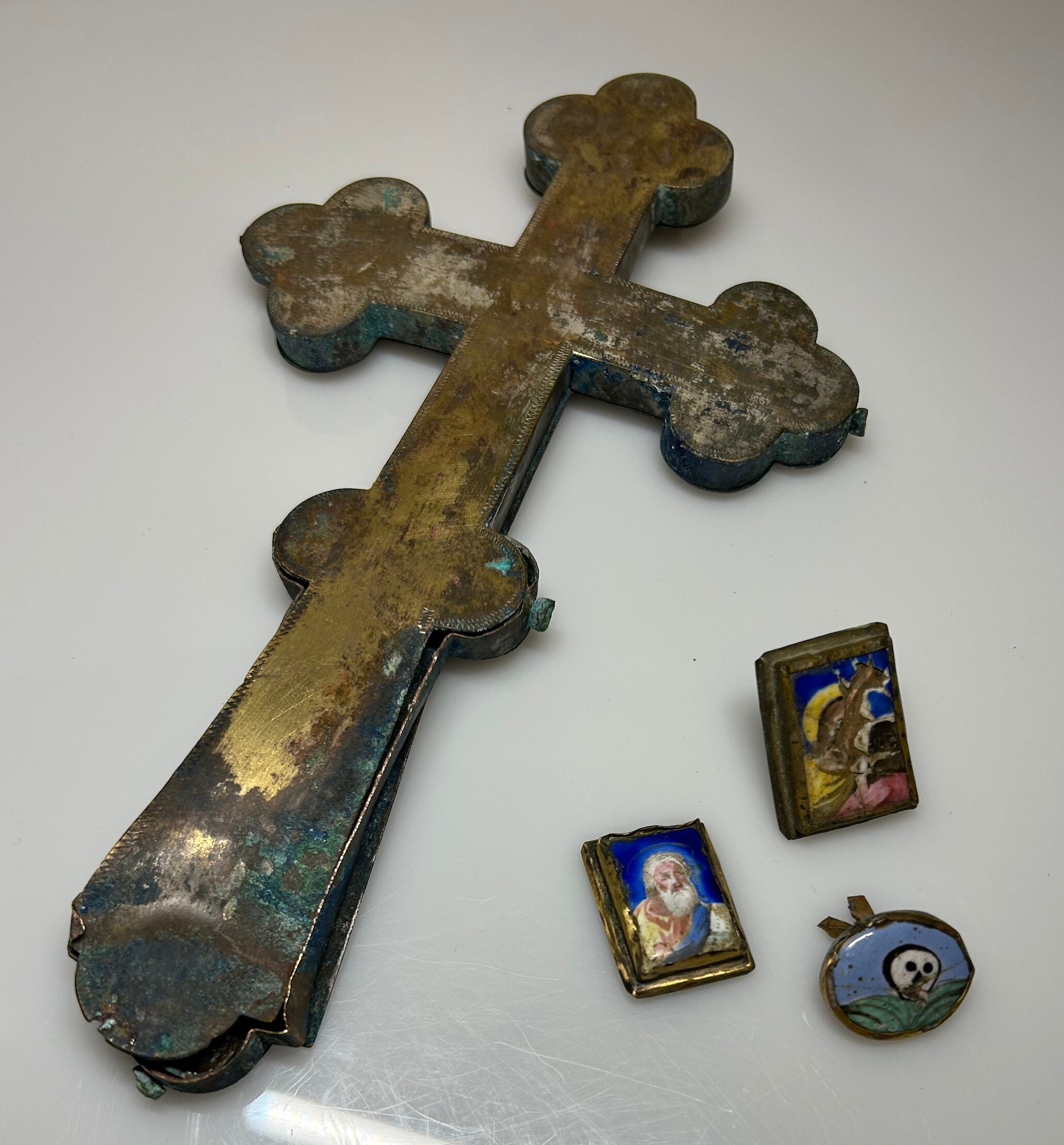 Antique Russian Blessing Cross With Enamel Finift and 4 Small Enamel ...