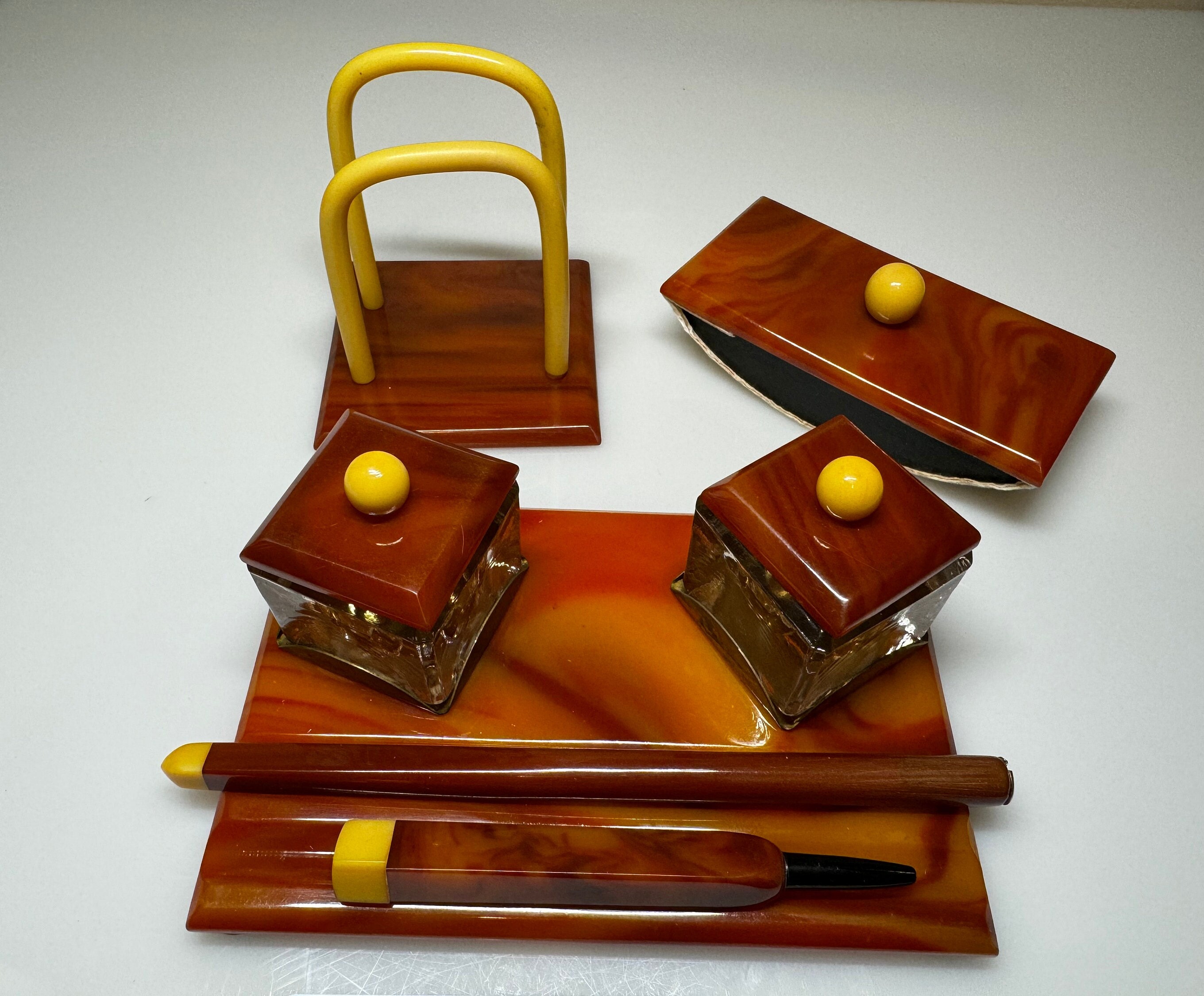 Vintage Antique Art Deco Marbled Bakelite/catalin Inkwell Desk Set With ...