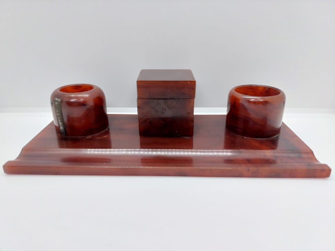 Vintage Antique Art Deco Marbled Yellow Bakelite/catalin Desk Set 484 ...