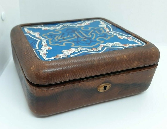 Antique Large Wood Leather Box With Tufted Silk Hand Painted - Etsy