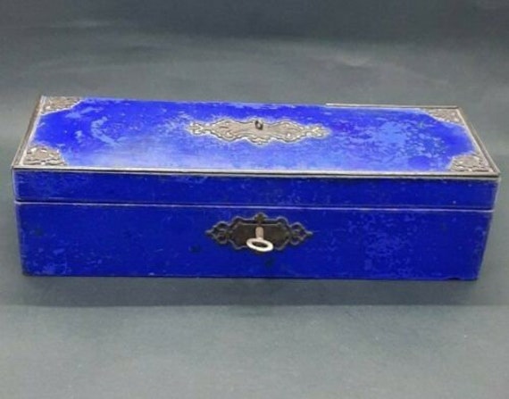 Vintage Blue Jewelry Box, Brass Details. - Gem