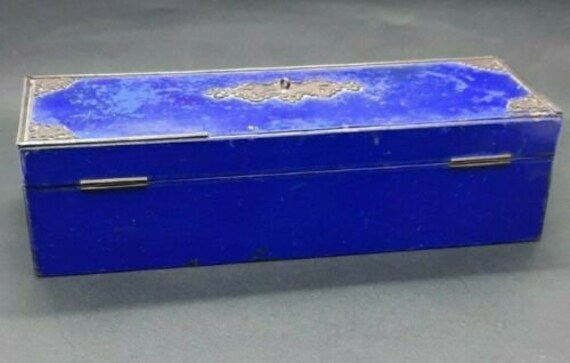 Vintage Blue Jewelry Box, Brass Details. - Gem