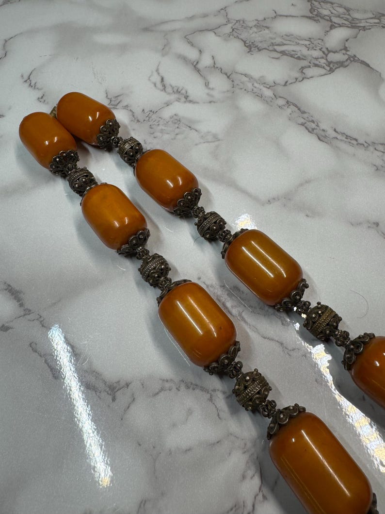 202 Grams Antique Bakelite Necklace Beads Marbled With Sterling Silver ...