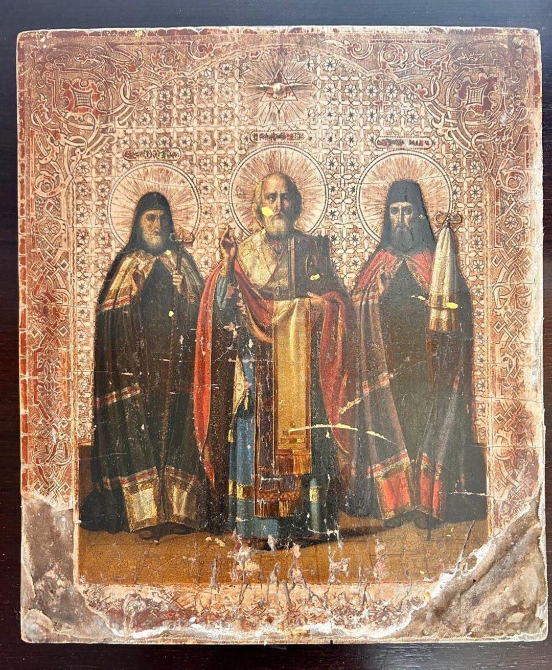Antique Russian Hand Painted Icon "saint Nicholas Saint Mitrofan Tikhon of Zadonsk" 19th Century ...