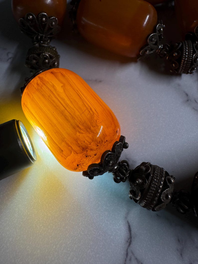 202 Grams Antique Bakelite Necklace Beads Marbled With Sterling Silver ...