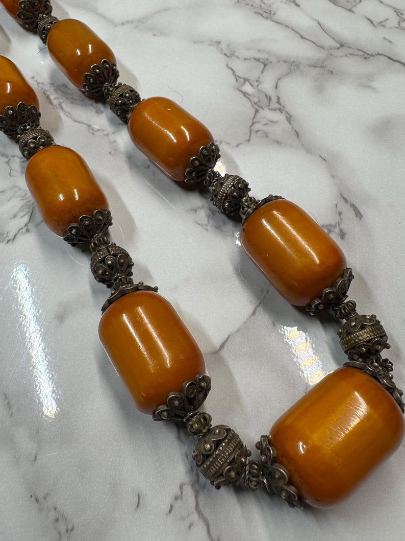 202 Grams Antique Bakelite Necklace Beads Marbled With Sterling Silver ...