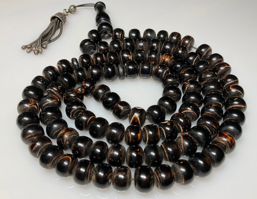 Antique Islamic Prayer 99 Beads Black Coral Yusuri Rosary Beads Faceted ...
