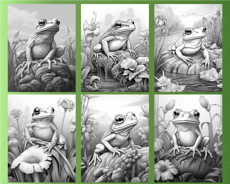 Frogs Coloring Book - Grayscale Coloring Book for Adults - Printable ...