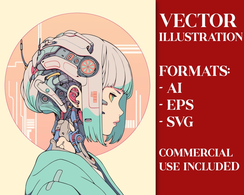 Anime Cyborg Girl Vector Illustration - Sci Fi Vector Art - Art for ...