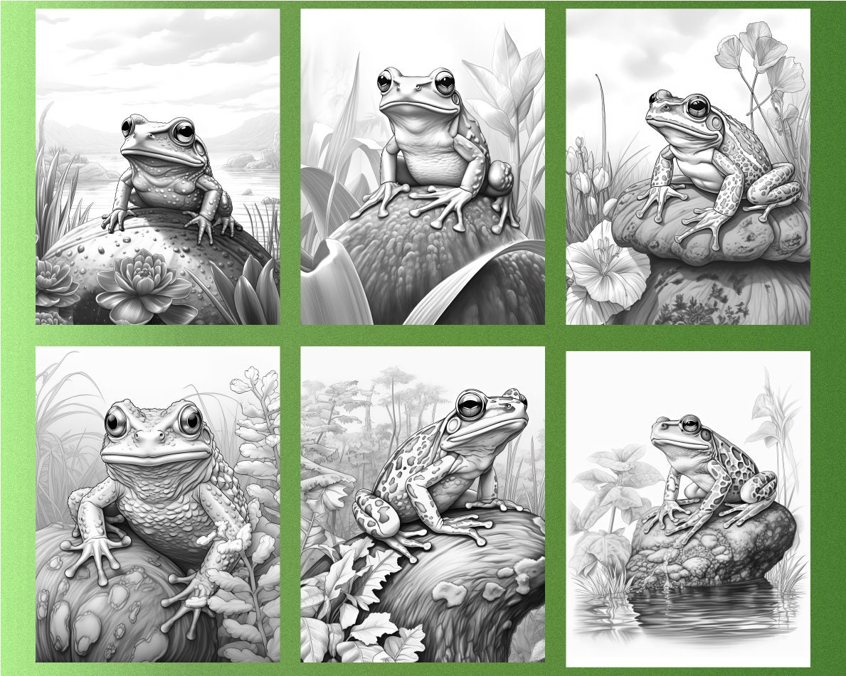 Frogs Coloring Book - Grayscale Coloring Book for Adults - Printable ...